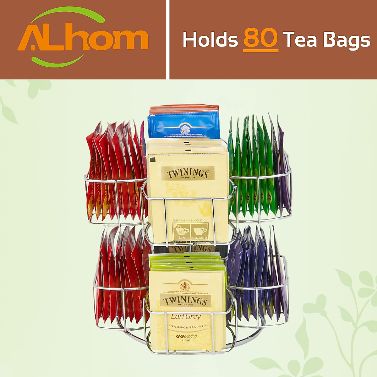 ALhom Tea Bag Organizer, Up to 80 Tea Bags Storage, 360-Degree Carousel, Tea Holder Compatible with Tea Bags, Sugar Packet for Counter, Tea/Coffee Station, Guest Room, Mother's Gift, Tea Lovers