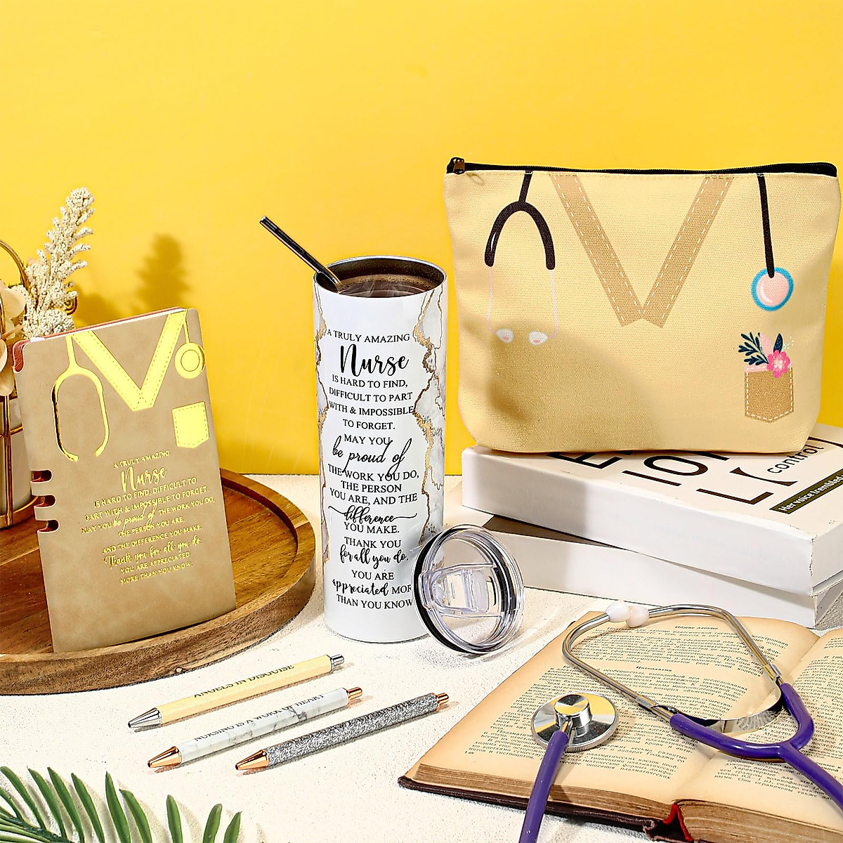 Domensi 6 Pcs Nurse Week Appreciation Gifts for Women Medical Nursing Assistant 20 oz Marble Sign Tumbler Makeup Bag Notepad with Ballpoint Pen for Graduation Nursing Student(Khaki)