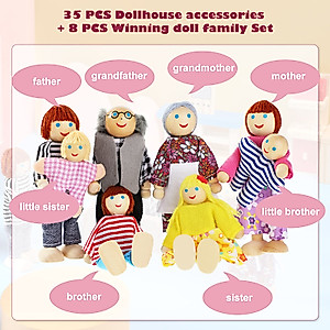 Sumind 35 Pcs Wooden Doll House Furniture and Accessories Set with 27 Pcs Dollhouse Furniture 8 Pcs Doll House Dolls Family Doll Furniture Small Dolls for Dollhouse Family Set Dollhouse Accessories