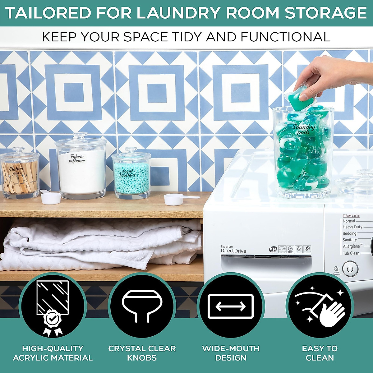 Premium Clear Acrylic Apothecary Jars with Lids for Bathroom & Laundry Room - Multipurpose Bathroom Canisters with Scoops & Labels - Laundry Containers for Pods & Dryer Sheets - Assorted 4 Pack