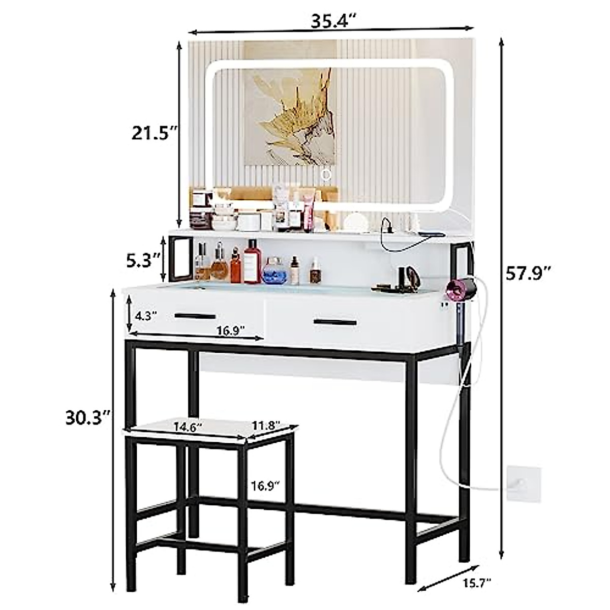 Fameill White Vanity Desk with Lights,Glass Top Makeup Vanity Table with Power Strip,Large Mirror Dressing Table Set with 2 Drawers and Hair Dryer Stand,35.4in(L)