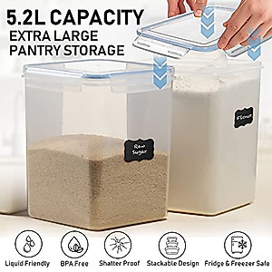 EXTRA LARGE WIDE & DEEP Food Storage Airtight Containers [Set of 4] 5.2L (175.9oz) w/ 4 Measuring Cups + Labels - Ideal for Sugar, Flour, Baking Supplies - Clear Plastic - Leakproof