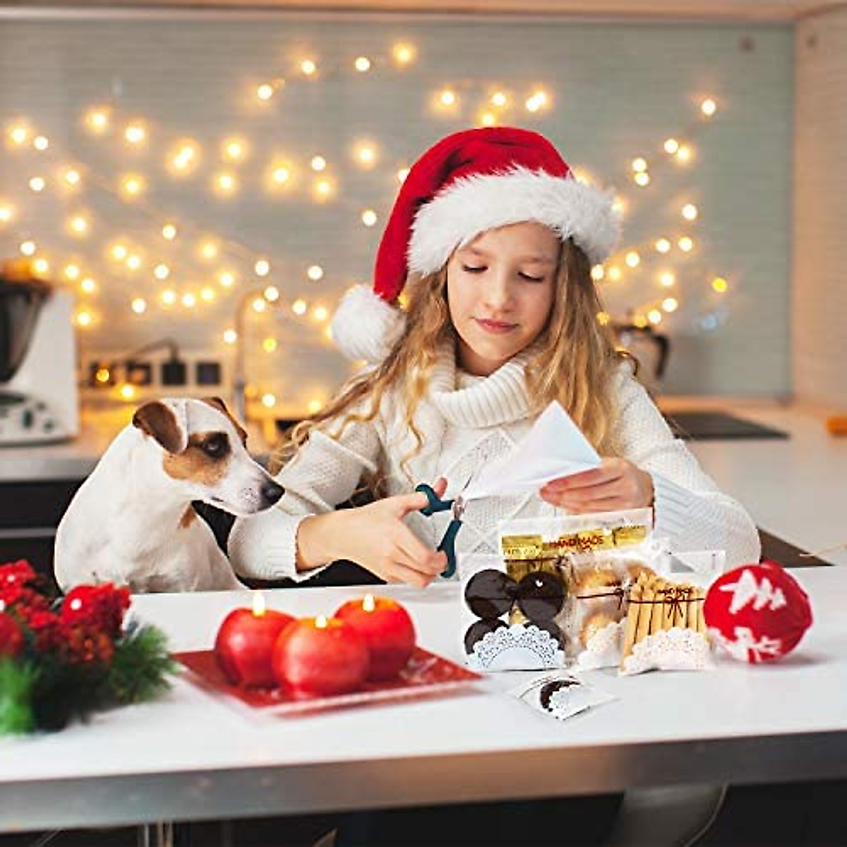 300 Counts Christmas Snowflake Candy Bags Lace Bowknot Wrappers Self Adhesive Hand Made Cookie Bags 3 Sizes Biscuit Roasting Treat Gift DIY Decorating Plastic Bags for Christmas