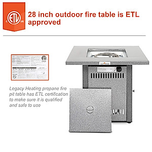 LEGACY HEATING 28" Propane Fire Pit Table, Gas Fire Pits for Outside Patio, Gas Fireplace, 50,000 BTU 28" Square Fire Table with Lid and Lava Rock, Silver