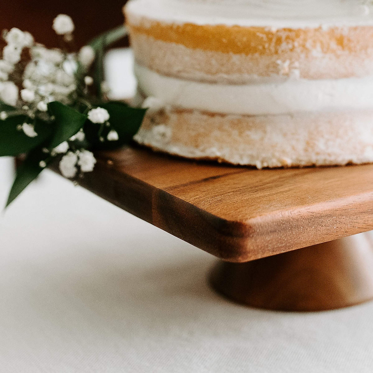 Villa Acacia Wood Cake Stand, 11 Inch Square Display with Wooden Pedestal, Small and Mini Cakes