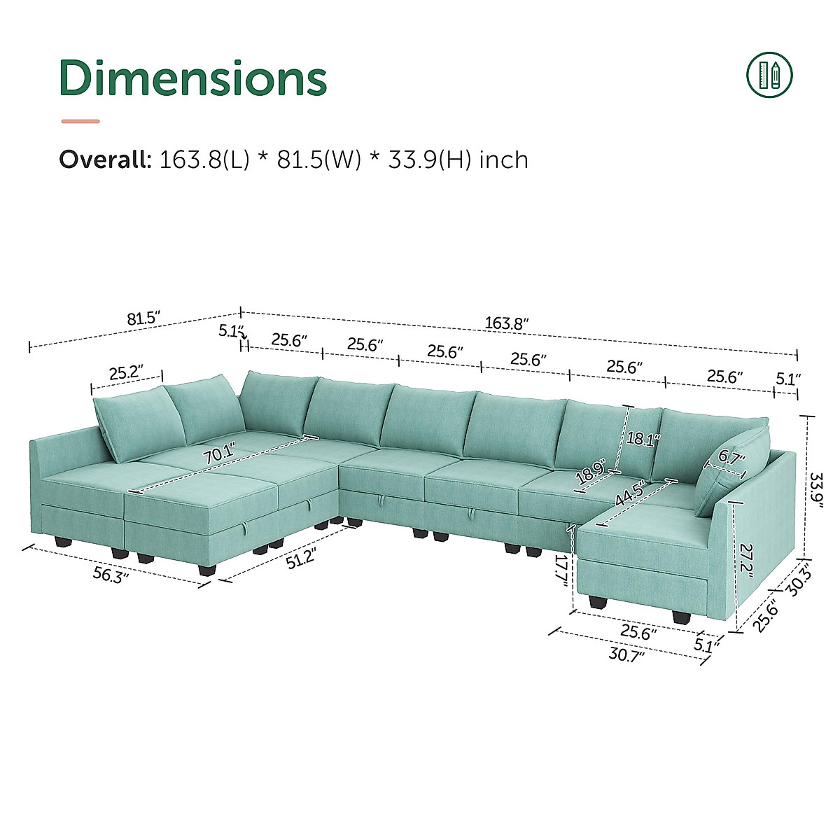 HONBAY Convertible U Shaped Modular Sofa Sectional Modular Couch with Chaise Oversized Sofa Sleeper Couch for Large Living Room,Aqua Blue