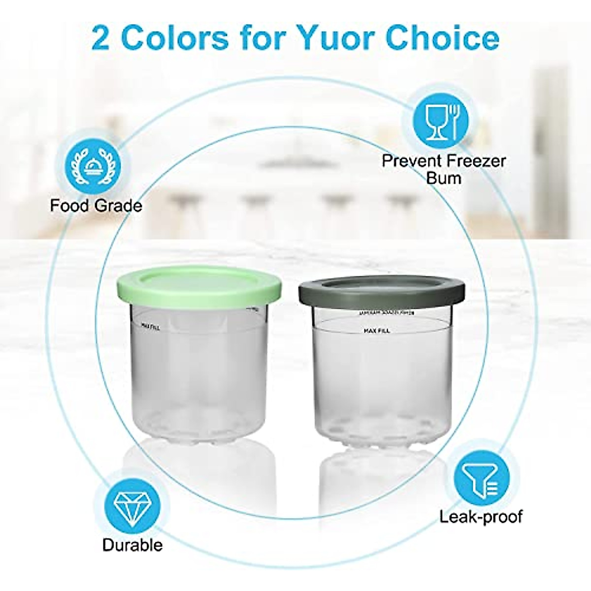 AZLESLOG 16 oz. Containers | Extra Replacement Pints and Lids - Compatible with NC300, NC301,CN305A, NC299AM Series Ice Cream Makers, Airtight and Dishwasher Safe (Green+Grey-2 Pack)