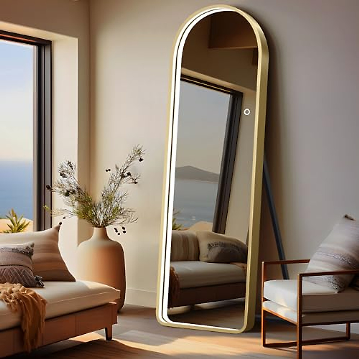 SDHYL Arched Full Length Mirror with Lights, 64"x20" LED Mirror Full Length with Stand, Full Body Mirror with Touch Button and Plug, Dimmable Brightness Dressing Mirror for Living Room, Gold
