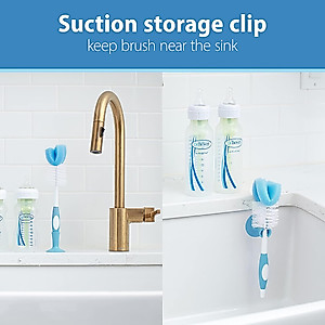 Dr. Brown's Reusable Sponge Baby Bottle Cleaning Brush Set with Suction Cup Stand, Scrubber and Nipple Cleaner, Blue 3-Pack