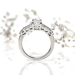 DoubleAccent Platinum Plated Sterling Silver Ring 1 CT Emerald Cut CZ Stone with Baguette Wedding Engagement Ring (Size 5 to 9), 6