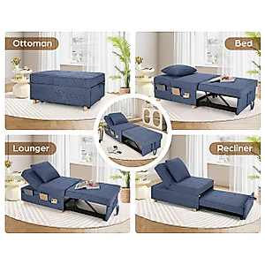 SEJOV Sleeper Sofa Chair Bed,4-in-1 Convertible Sofa Bed Chair with 6 Adjustable Backrest and Pillow, 3-Seat Pull Out Sleeper Chair Linen No Backrest for Bedroom Small Space Living Room, Navy Blue