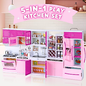Mastom Kitchen Playset for Girls, Play Kitchen Toys for Dolls with Realistic Lights & Sounds, 56PCS Kids Pretend Play Kitchen Toy Accessories, Gifts for Toddlers Girls 3 4 5 6 Year Old