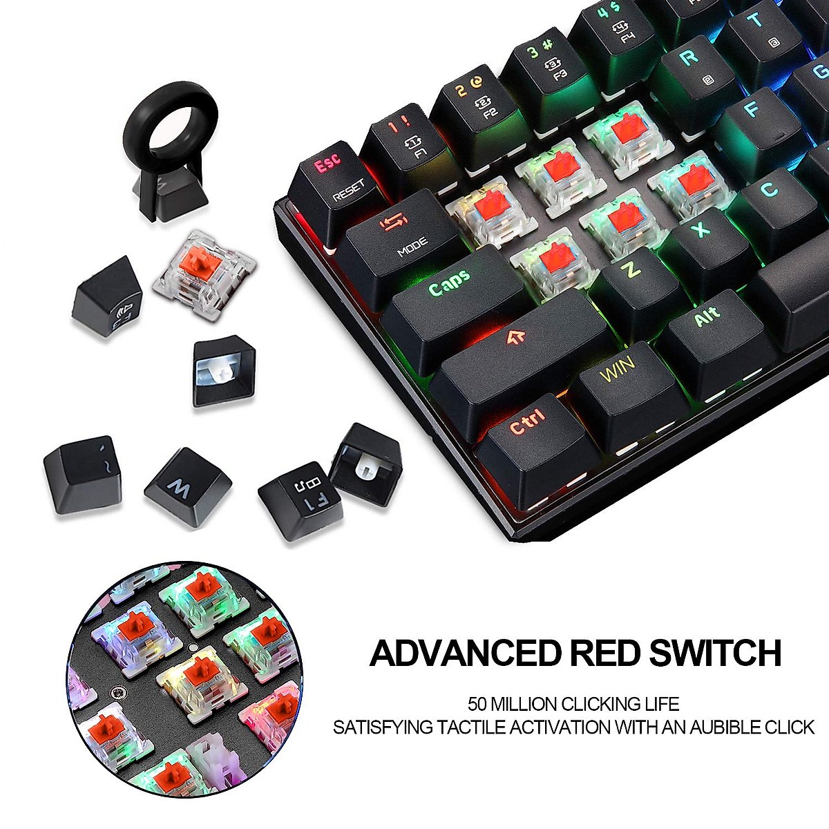 MOTOSPEED 60% Mechanical Keyboard Portable 61 Keys RGB LED Backlit Type-C USB Wired Office/Gaming Keyboard for Mac, Android, Windows（Red Switch）