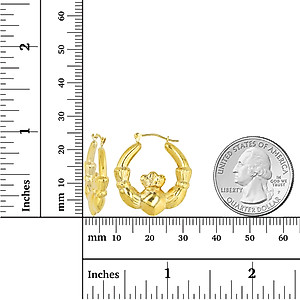 14K Yellow Gold 4mm Thick Polished Claddagh Hoop Earrings with Hinged Clasp| 4x25mm Hoop | Heart Earrings | Solid Gold Earrings For Women