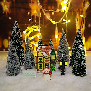 UNIPRIMEBBQ Mini Miniature Christmas Pine Tree Bottle Brush Trees Wooden Bases Tree for Your Village Desktop Xmas Holiday Party (Silver/Green 30pcs)