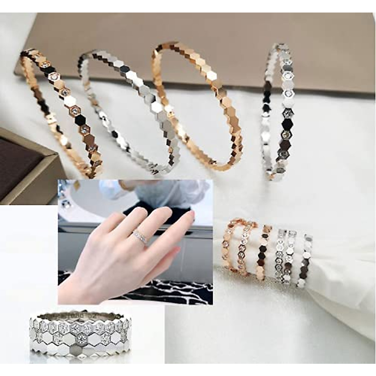 Detail 18K Plated Platinum/Rose Gold Cute Bee Honeycomb Ring Minimalist Women's Geometric 3PCS Set Shiny Cubic Zirconia Diamond Hexagonal Ring Wedding Anniversary Eternity Ring (8#, Platinum)