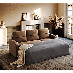 Melpomene Convertible Sectional Sofa Couch Pull Out Bed Sleeper Sofa with Storage 3 Seater L Shaped Couch Linen Upholstered Fabric Corner Sofa with 2 Cupholders for Living Room (Brown)