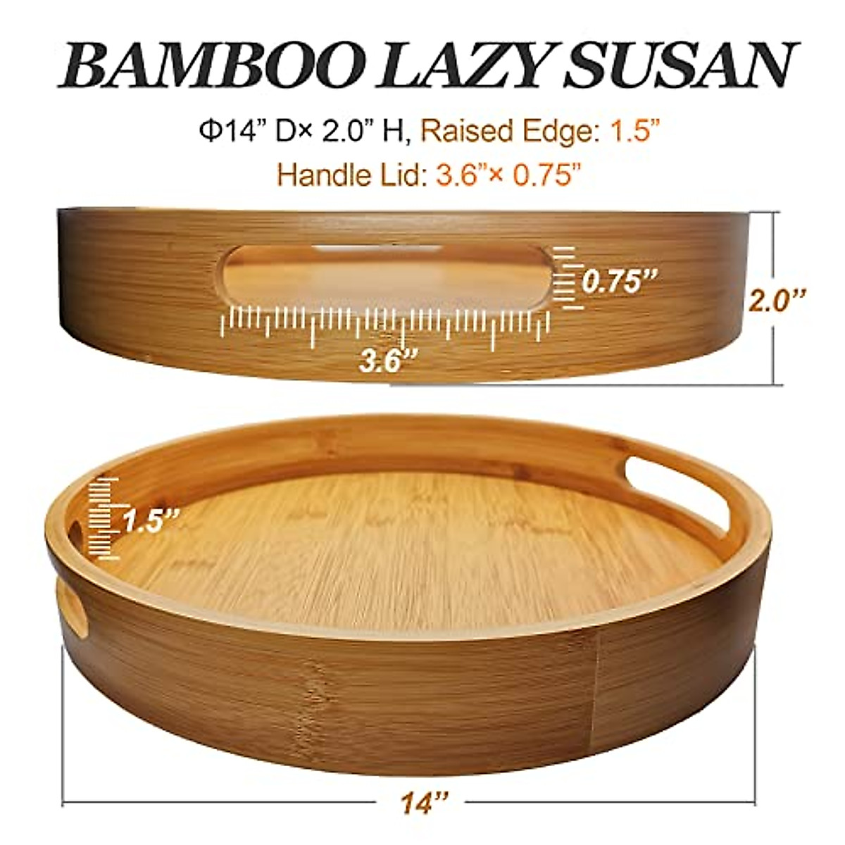 14 Inch Bamboo Lazy Susan Organizer, Wooden Turntable for Kitchen Countertop, Wood Rotating Tray Turn Table with Handle, Spinning Spice Rack for Cabinet Pantry Counter Top Organization