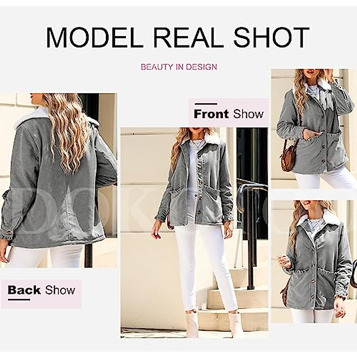 Dokotoo Womens Casual Jackets Winter Warm Thick Sherpa Lined Corduroy Jacket Teddy Bear Button Down Fleece Fluffy Lapel Collar Ruffle Long Sleeve Cute Fall Coat Outwear with Pockets Gray XL