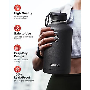 64 oz Water Bottle Insulated with Straw & 3 Lids, Coolflask Large Metal Stainless Steel Water Jug Big Half Gallon Wide Mouth for Sports, Gym or Office, BPA-Free Keep Cold 48H Hot 24H, Magic Black