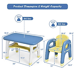 Costzon Toddler Table and Chair Set, Cute Dinosaur Children Activity Art Sturdy Desk Set w/Storage Rack & Montessori Toys Building Blocks, Kids Table and Chair for Baby Boys Girls (Blue)