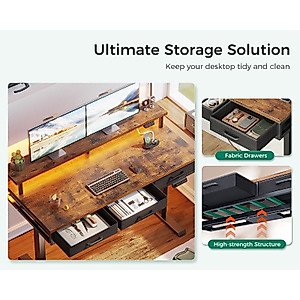 AODK Electric Standing Desk with Drawers, 55 Inch Height Adjustable Gaming Desk with Power Outlets & LED Lights, Sit Stand Table with Monitor Stand for Home, Office, Workstation, Rustic Brown