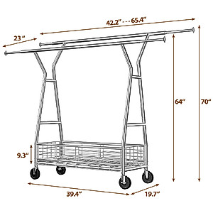 Raybee Clothes Rack Heavy Duty Rolling Clothing Rack with Wheels Load 600LBS Double Rod Clothing Racks for Hanging Clothes Commercial Portable & Adjustable Garment Rack with Metal Basket, Chrome