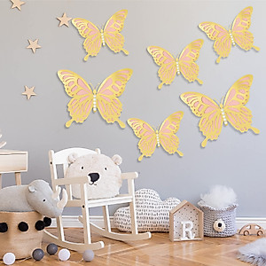 HMASYO 12 Pcs Large Butterfly Party Decoration with Pearls, Gold Pink Big Paper Butterflies in 2 Size, 3D Giant Butterfly Prop Decoration for Birthday Baby Shower Nursery Bedroom Wedding