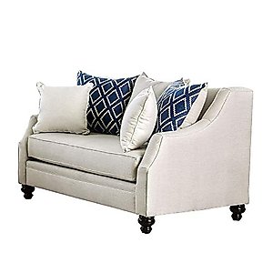 Benjara, White Fabric Upholstered Wooden Loveseat with Tufted Details