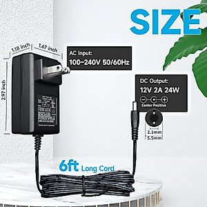 12V 2A AC to DC Regulated Power Supply Adapter, 2000mA 24W AC Adapter for CCTV Security Camera Surveillance System DVR NVR LED Light Strip Router Razor Power Core Roku Media Player and More, UL FCC