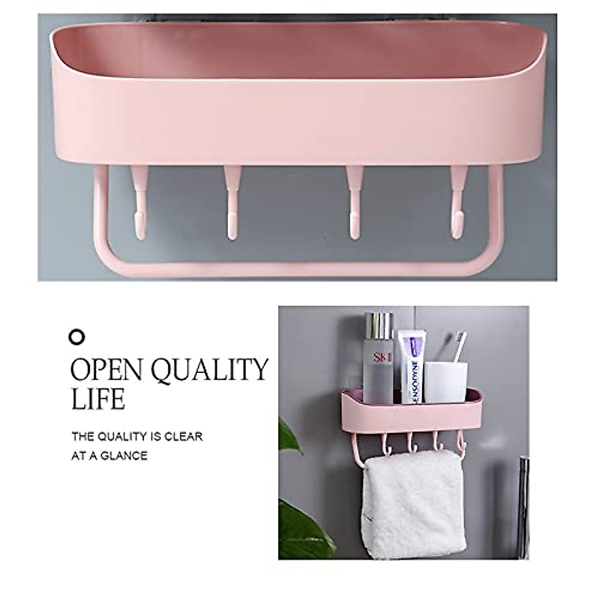 KUAW ,Shower Caddy, Self Adhesive Wall Mounted Shower Rack, Kitchen Hanging Tray Storage Rack, Shampoo Storage Basket Soap Rack With 4 Hooks And 1 Towel Rack, For Bathroom, Kitchen, No Drilling, Pink