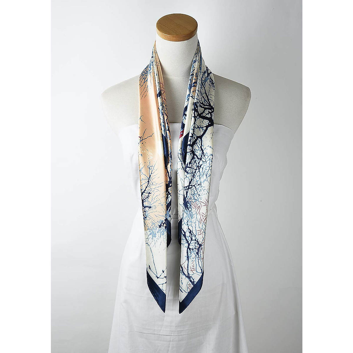 corciova 35 x 35 Large Bandana Women Satin Tie Square Headband Silk Like Hair Scarf Wrap Headscarf Prussian Blue Beige Trees