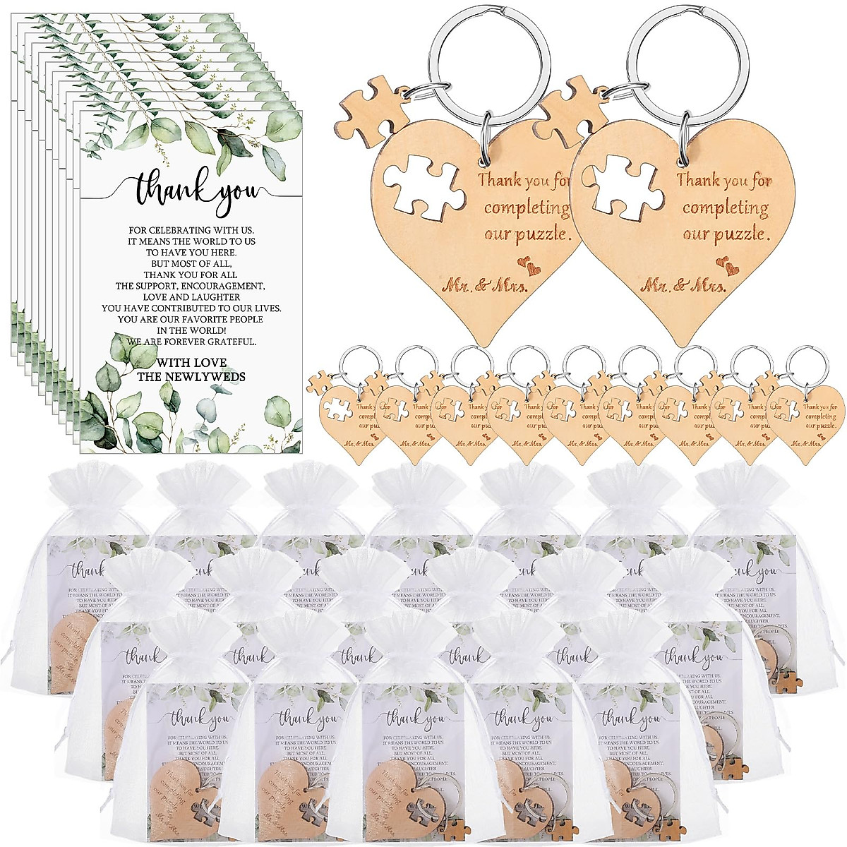Seeloowy 50 Sets Wedding Souvenir for Guests Includes Wood Heart Puzzle Keychain Cards and Gift Bags Rustic Wedding Favors for Guests