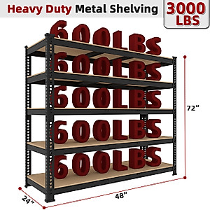 BuxWellBang 48" W x 24" D x 72" H Adjustable Garage Storage Shelves - 5-Shelf Heavy Duty Shelving Unit, Metal Utility Storage Organizer Racks for Warehouse Pantry Closet Kitchen, Black