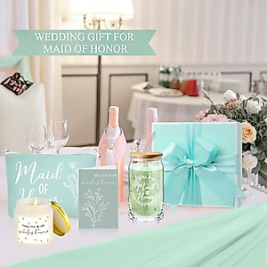 Inbagi Maid of Honor Gifts Box Set of 5 Includes Glass Cup with Lid and Straw Makeup Bag Sage Scented Candle Wedding Invitation Cards Proposal Gifts for Bridal Party Favors (Sage)