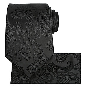 KissTies Mens Black Tie Set: Paisley Necktie + Pocket Square