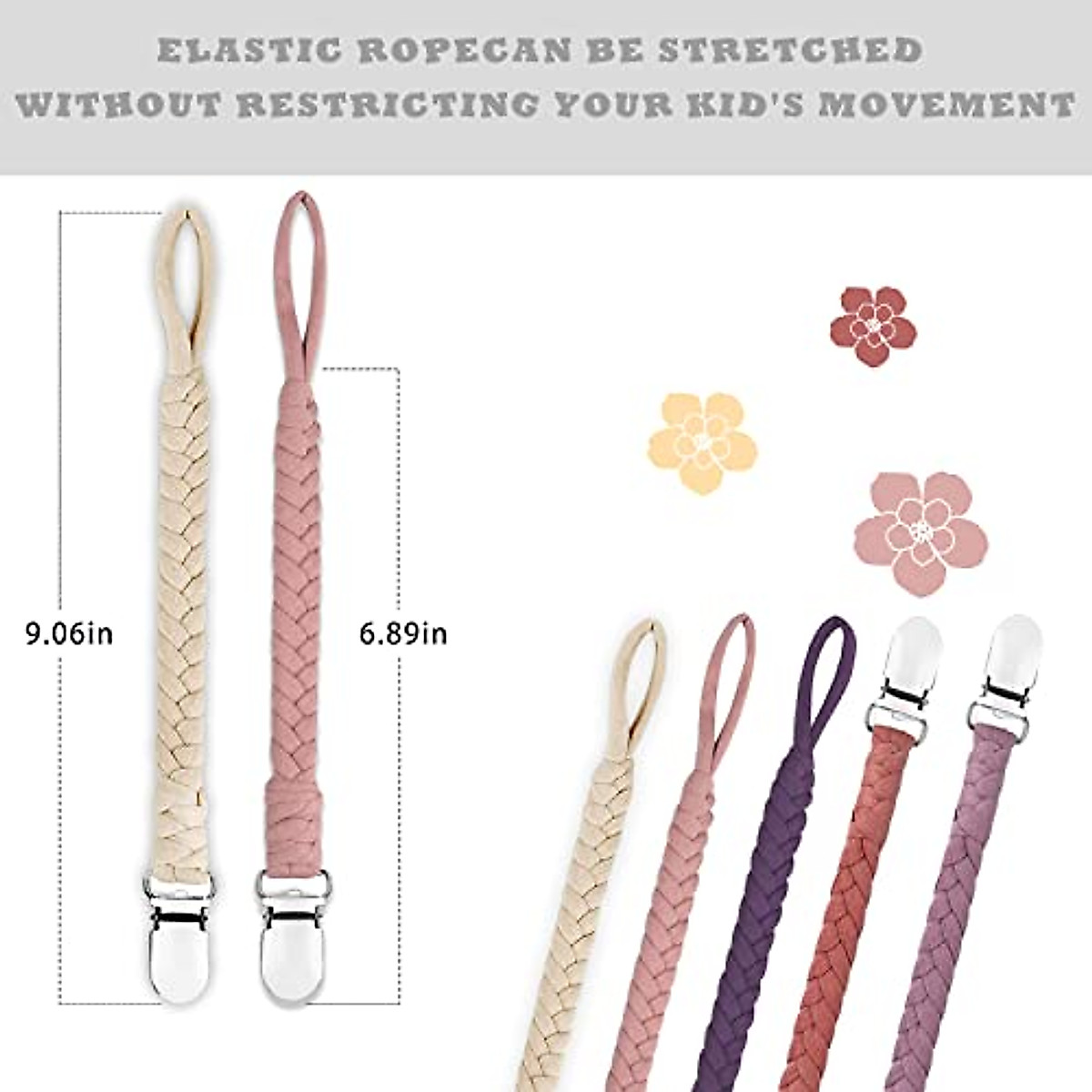 Braided Pacifier Clips Baby Girl, Binky Clips Pacifier Holder with Handmade Teething Straps Unisex Design Smoother Pacifier Clip Fits All Pacifiers for Shower Birthday Gifts