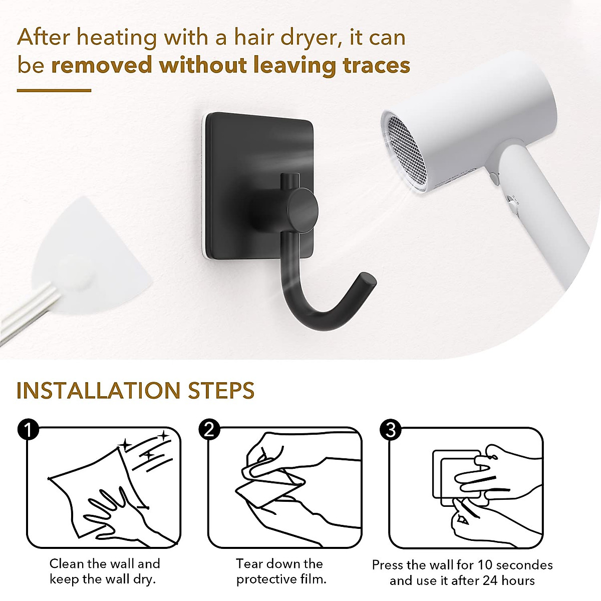 Self Adhesive Hooks,Heavy Duty Stick On Wall and Door Hooks for Hanging,Bathroom Towel Hooks and Kitchen Hallway Sticky Black Hooks,Coat Hooks Robe Hook Wall Mounted,Stainless Rustproof,4 Pack