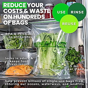 HEAVY DUTY Reusable STAND-UP Ziplock Bags for Food Storage by Smelly Proof, USA Made, NO PEVA & BPA FREE, Reusable Freezer Bags, Dishwasher-Safe, Triple Zip, CLEAR 5-mils XXL 2-Gallon 12" x 16" - 5pk