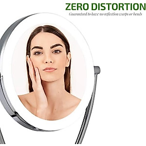 Ovente 8" Lighted Tabletop Makeup Mirror with 1X/10X Magnification, Double-Sided Magnifying Vanity Mirror, Dimmable LED Lights, 360° Swivel Design and Dual Power Supply, Polished Chrome MLT75CH1X10X