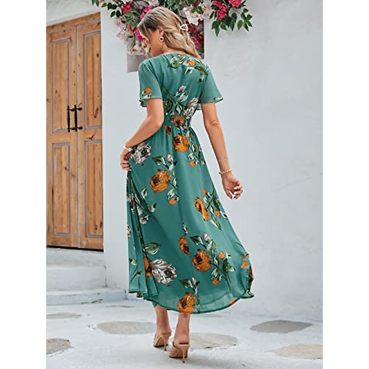 Simplee Women Casual Boho Floral Maxi Dress Flowy Long Wedding Guest Dress Holiday Beach V Neck Short Sleeve Maternity Dress (L Turquoise)