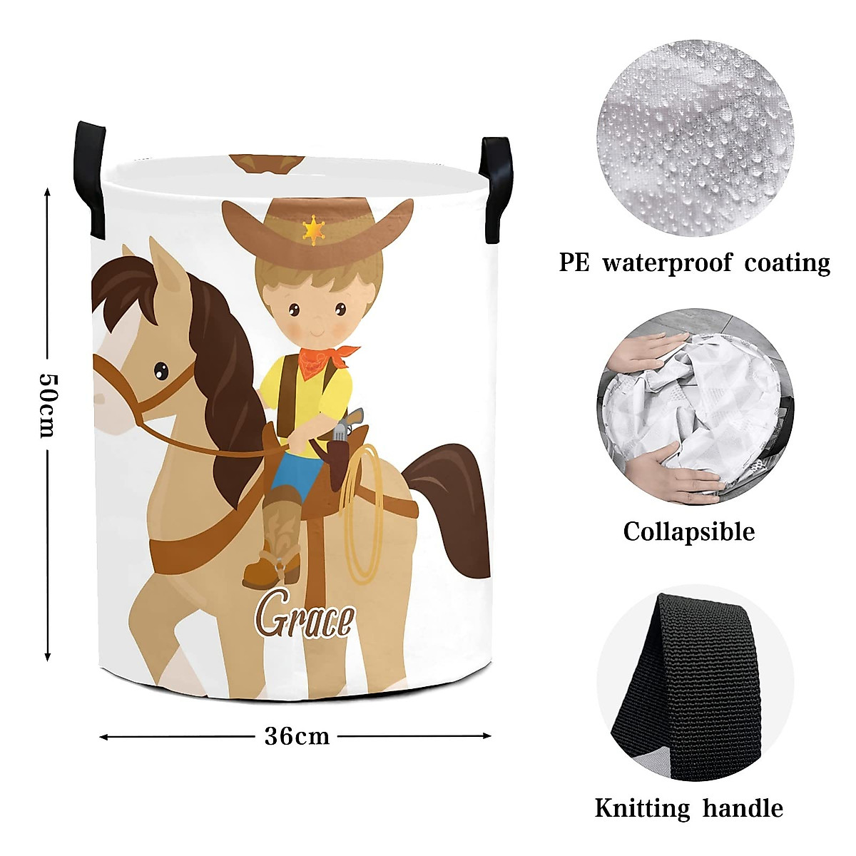 Western Cowboy Horse Personalized Laundry Basket Clothes Hamper Storage Handle Waterproof, Custom Collapsible Large Capacity , for Bedroom Bathroom Toy Decoration