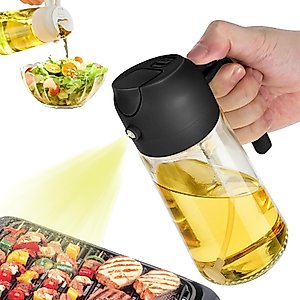 Oil Dispenser for Kitchen Spray, 2 In 1 Oil Dispenser and Oil Sprayer, Olive Bottle Spray and Pour for Kitchen, 16oz/470ml Glass Oil Bottle for Air Fryer, Salad, Frying, BBQ (Black)