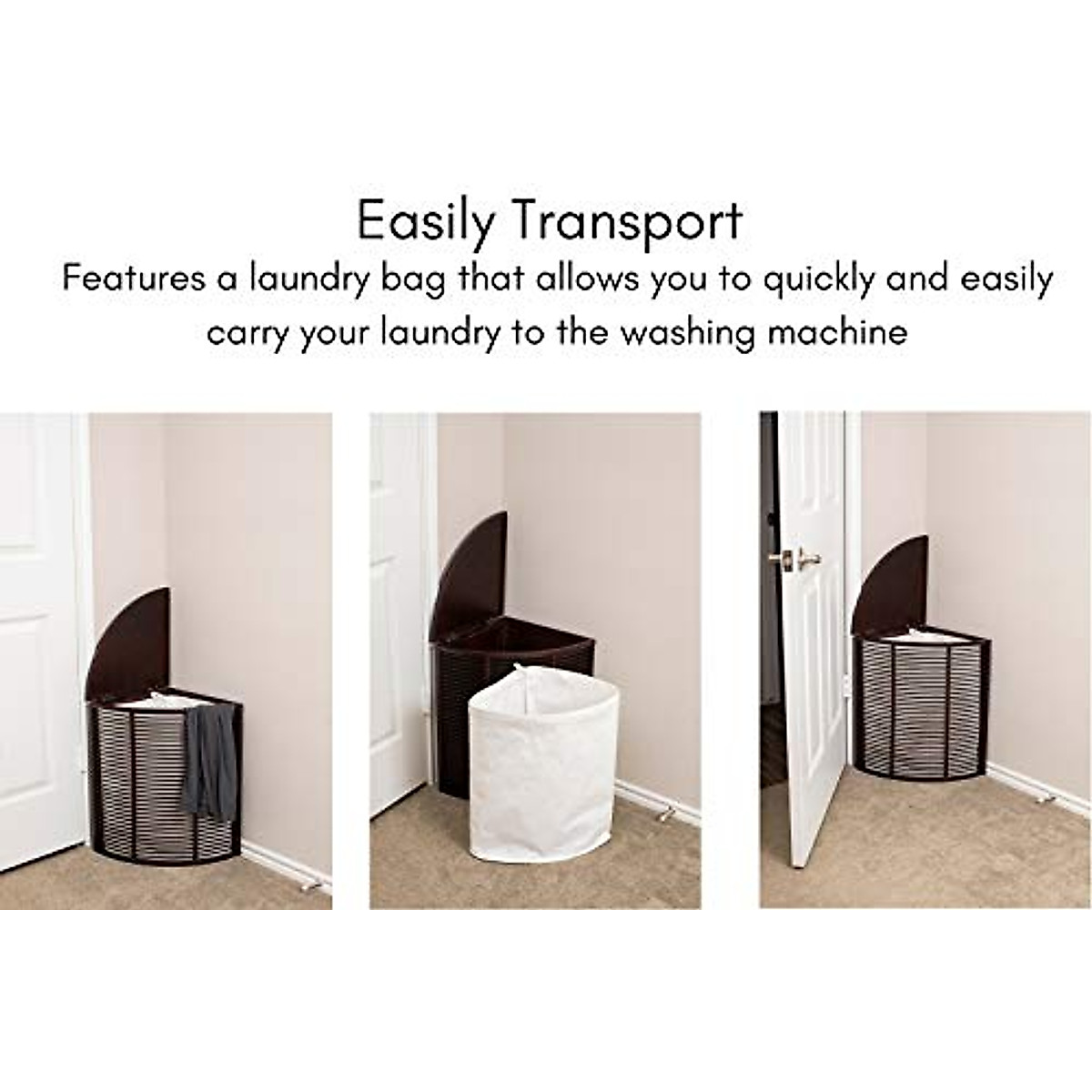 BirdRock Home Compact Corner Laundry Hamper with Lid and Removable Liner - Small - Brown Bamboo - Easily Transport Laundry - Baby Dirty Clothes Bin Sorter Basket - Cut Out Handles