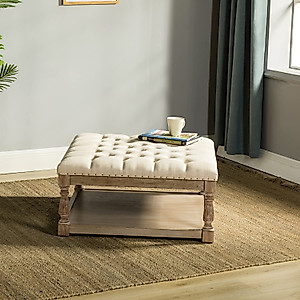 HULALA HOME Large Leather Square Ottoman Coffee Table with Storage, Button Tufted Brown Cocktail Ottoman with Shelf & Solid Wood Legs, Upholstered Farmhouse Footrest Ottoman for Living Room