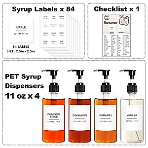 Mustry Coffee Syrup Dispensers for Coffee Bar Accessories with 84 Minimalist Syrup Labels, BPA Free Food Safe PET Coffee Syrup Bottles with Pump Plastic Syrup Containers, 300 ml Set of 4