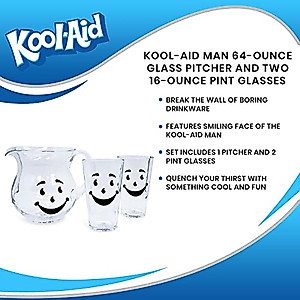 Kool-Aid Man 64-Ounce Glass Pitcher and Two 16-Ounce Pint Glasses | Beverage Dispenser Carafe and Glassware For Water, Juice, Iced Tea, Cocktails | Home & Kitchen Essentials, Nostalgic Gifts