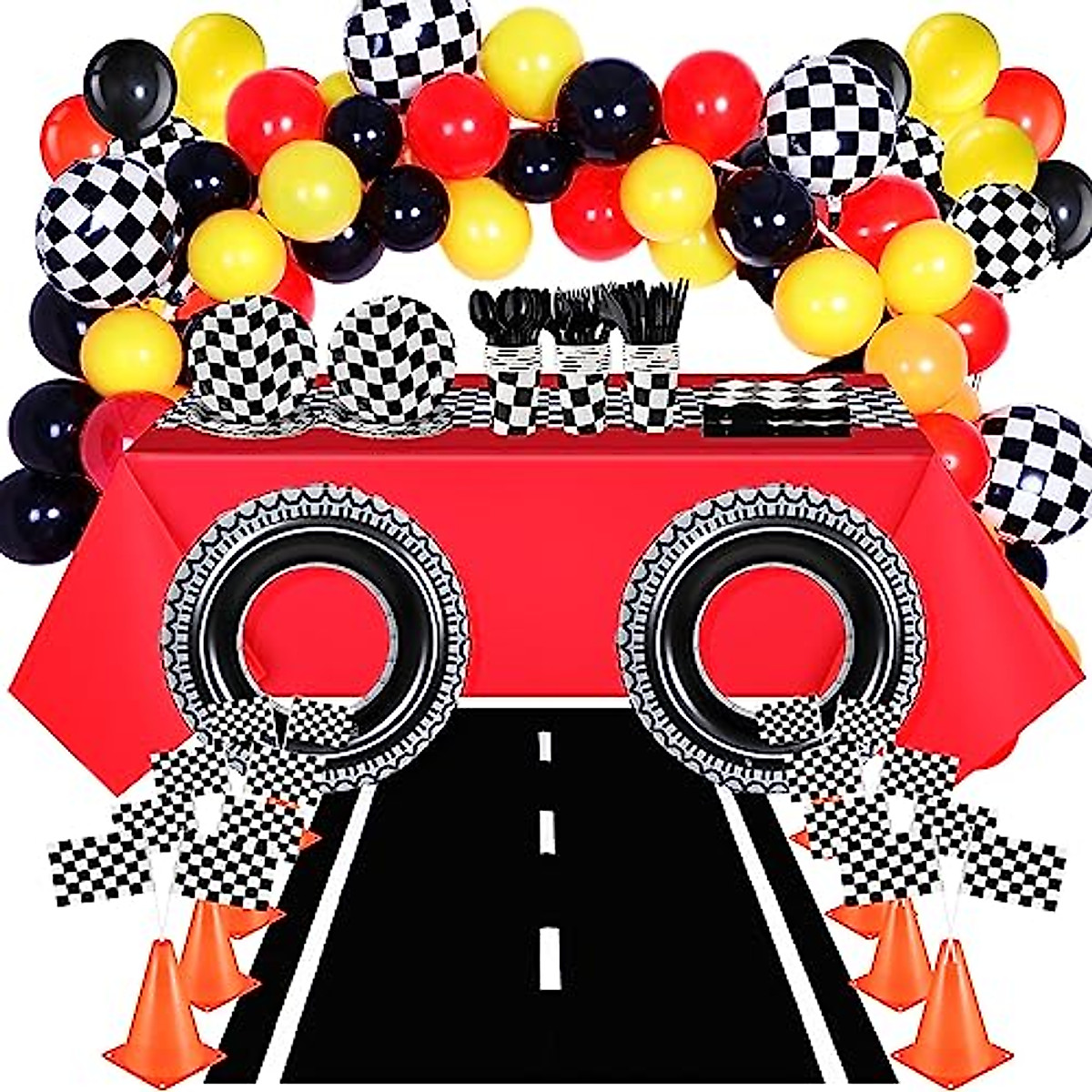 Irenare 205 Pcs Car Birthday Party Supplies Racing Party Decorations, Include 2 Tablecloth 3 Racetrack Runner 16 Traffic Cones 8 Checkered Flags 2 Wheels 52 Balloons Garland Arch 120 Racing Tableware