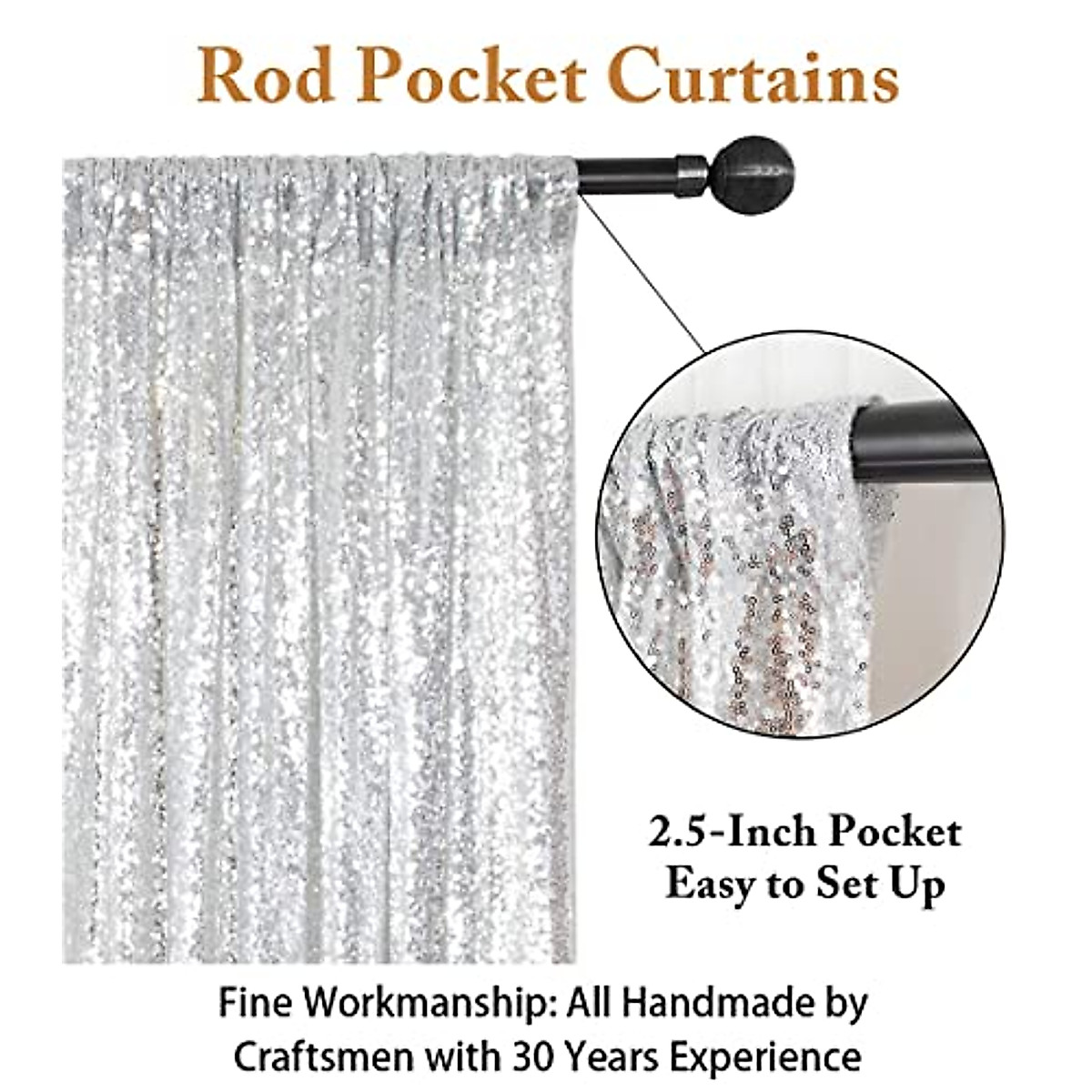 Sequin Curtains 2 Panels Silver 2FTx8FT Sequin Photo Backdrop Silver Sequin Backdrop Curtain Pack of 2-1011E