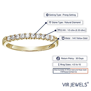 Vir Jewels 1/3 cttw Round Diamond Wedding Band for Women in 14K Yellow Gold, 10 Stones Prong Set, Size 8